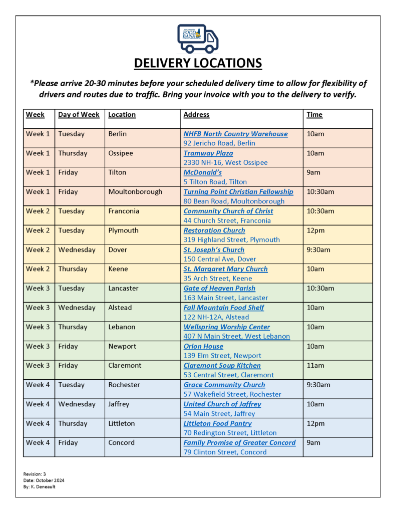 Monthly Delivery Schedule - New Hampshire Food Bank